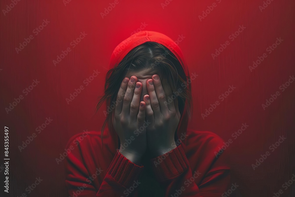 emotion shame maroon background A person covering their face with their ...