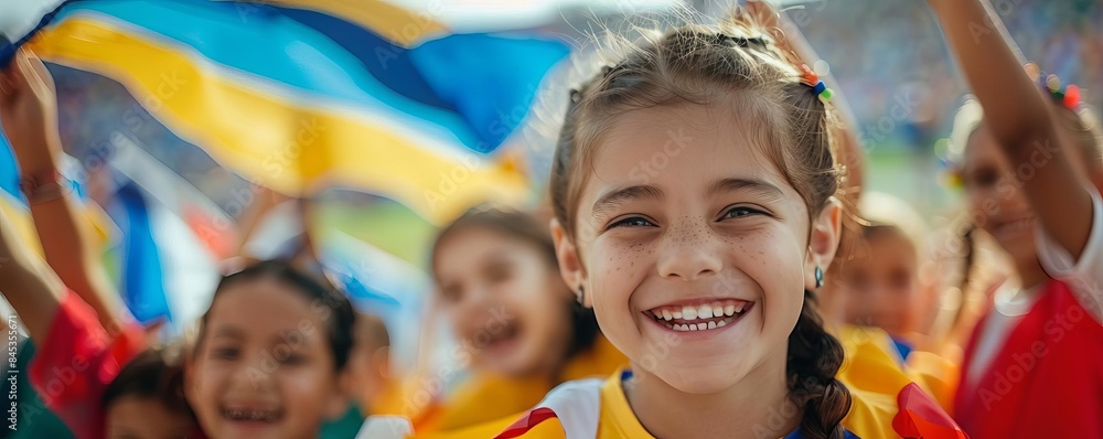 Olympic Cheer Kids Focus on children cheering and waving mini flags ...