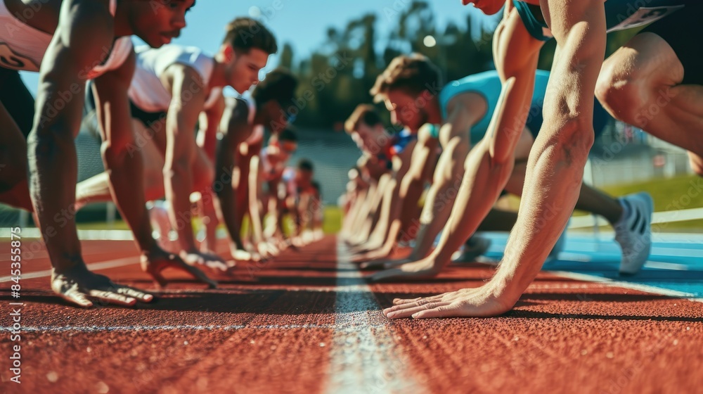 Athletes are getting ready to run on the track with start and reach new ...