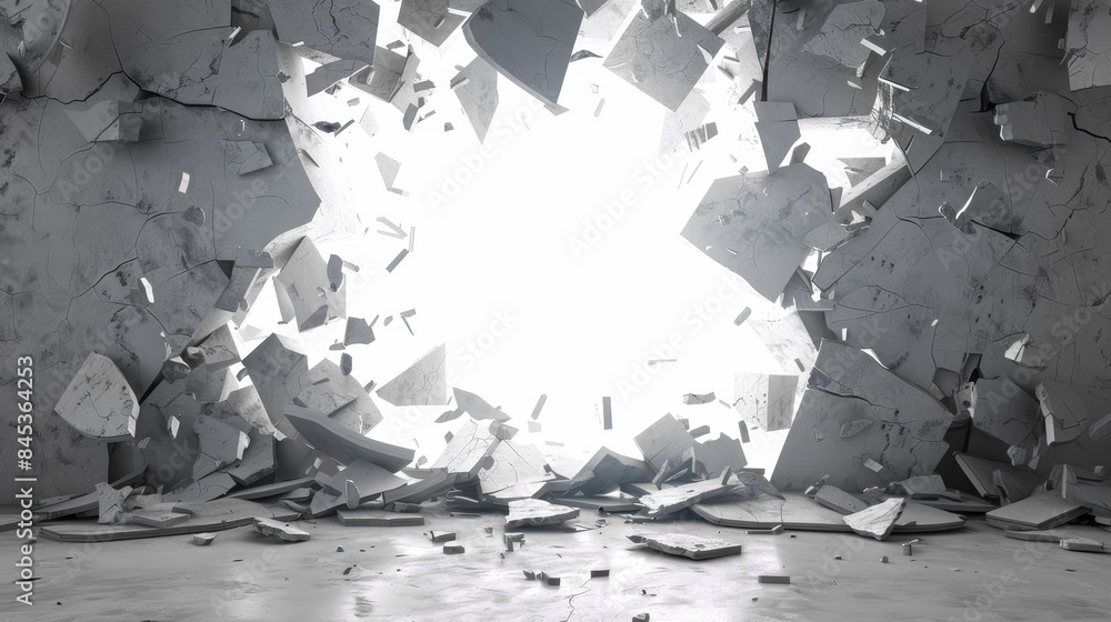 Shattered wall with volume light streaming through a central hole. The ...