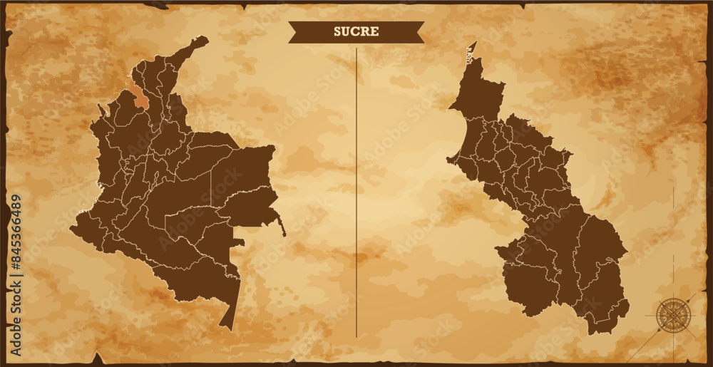 Sucre state map, Colombia map with federal states in A vintage map ...