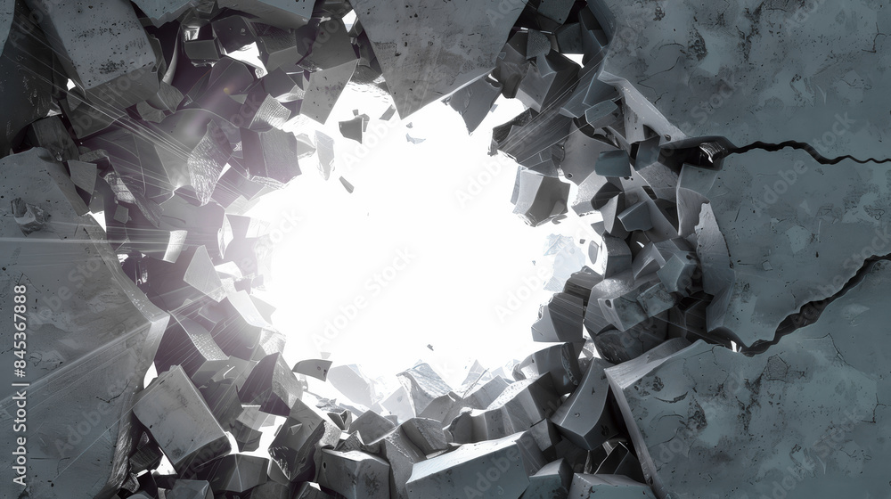 Shattered wall with volume light streaming through a central hole. The ...