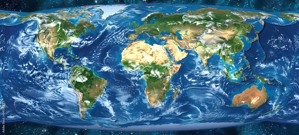 Flat view of the Earth from space. Detailed physical map of the world ...