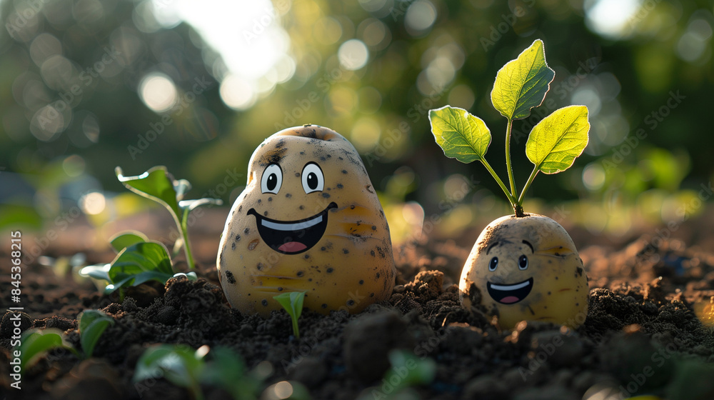Cheerful potatoes with cartoon faces are shown in the ground, from ...