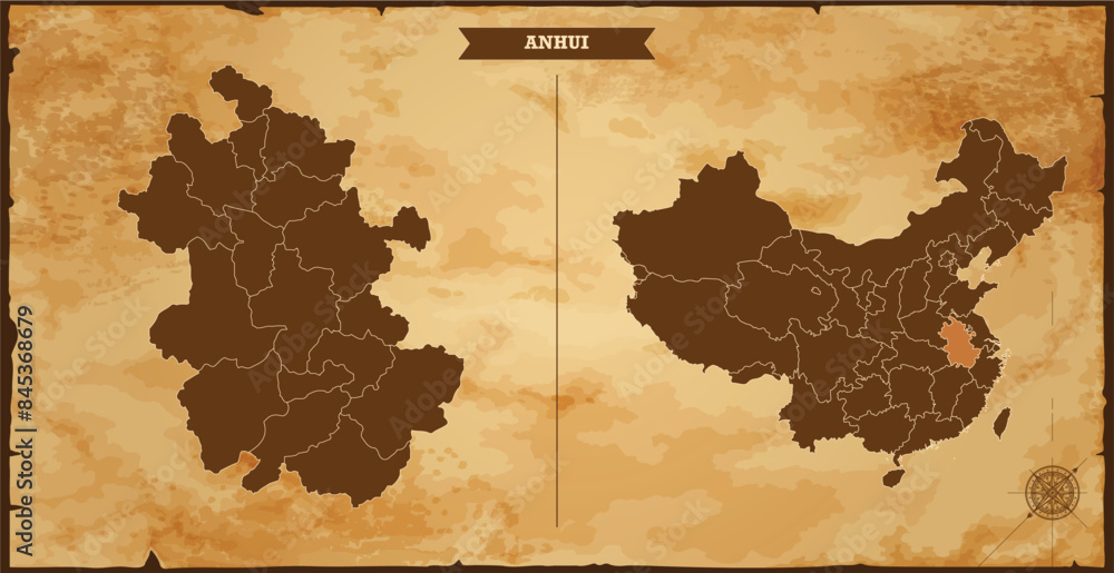 Anhui state map, China map with federal states in A vintage map based ...
