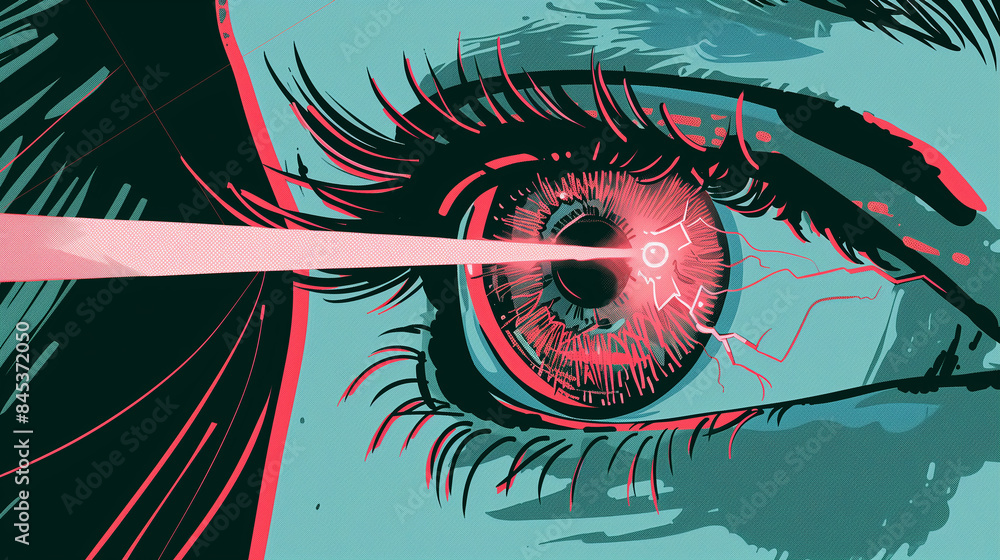 Laser eye correction for vision improvement. Beam and cornea close up ...