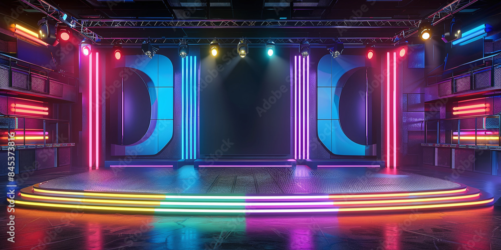 Neon lights infuse a modern game show stage with a colorful glow ...