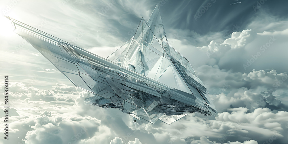 Alien spaceship gliding above clouds futuristic transport in outer ...