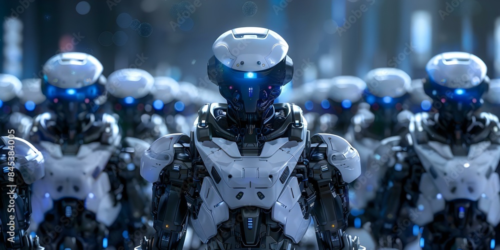Developing a futuristic army parade scene with military robots in a sci ...