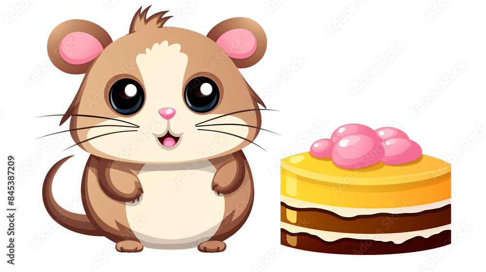 Cute cartoon hamster with big eyes standing next to a slice of layered ...