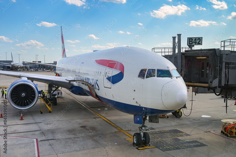Washington DC, USA - 29 April 2024: Front view of a Boeing 777 ...