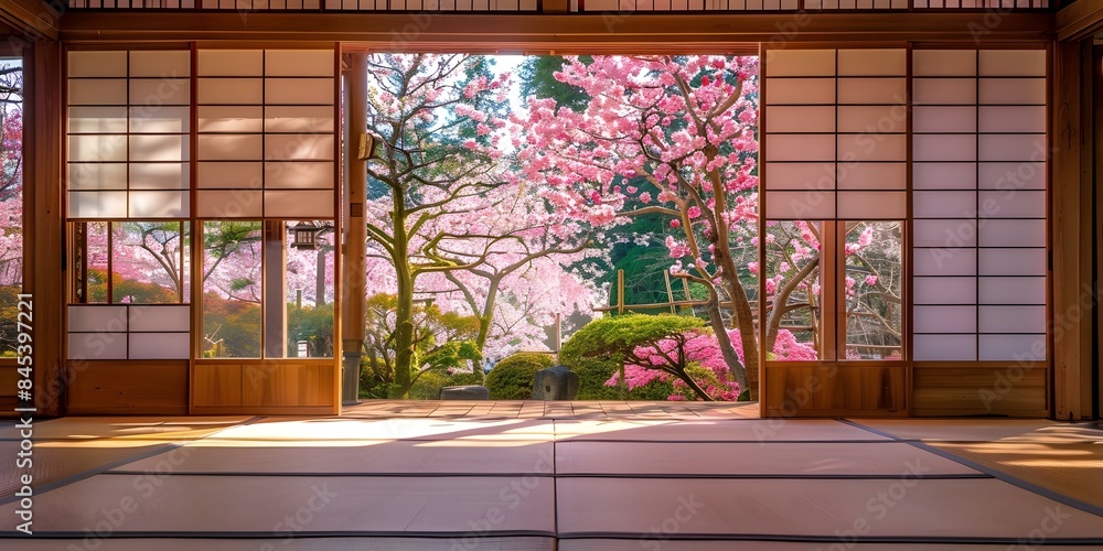 Traditional Japanese tea house with tatami mats shoji doors and cherry ...