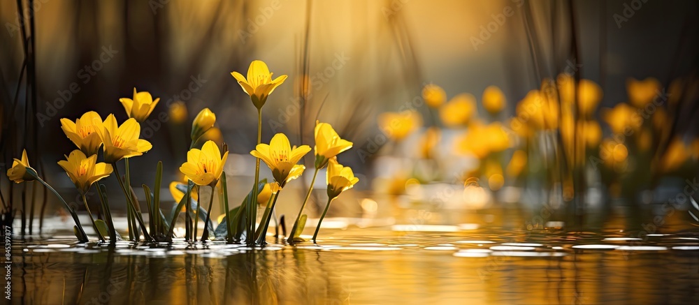 Spring background with yellow flowering plants of gold color in early ...
