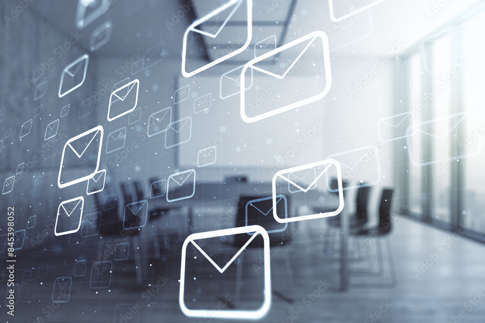 Abstract virtual postal envelopes illustration on a modern conference ...