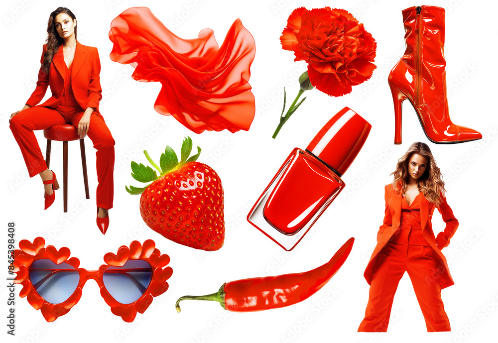 Set of red fashion outfit models and objects on png background. Ideal ...