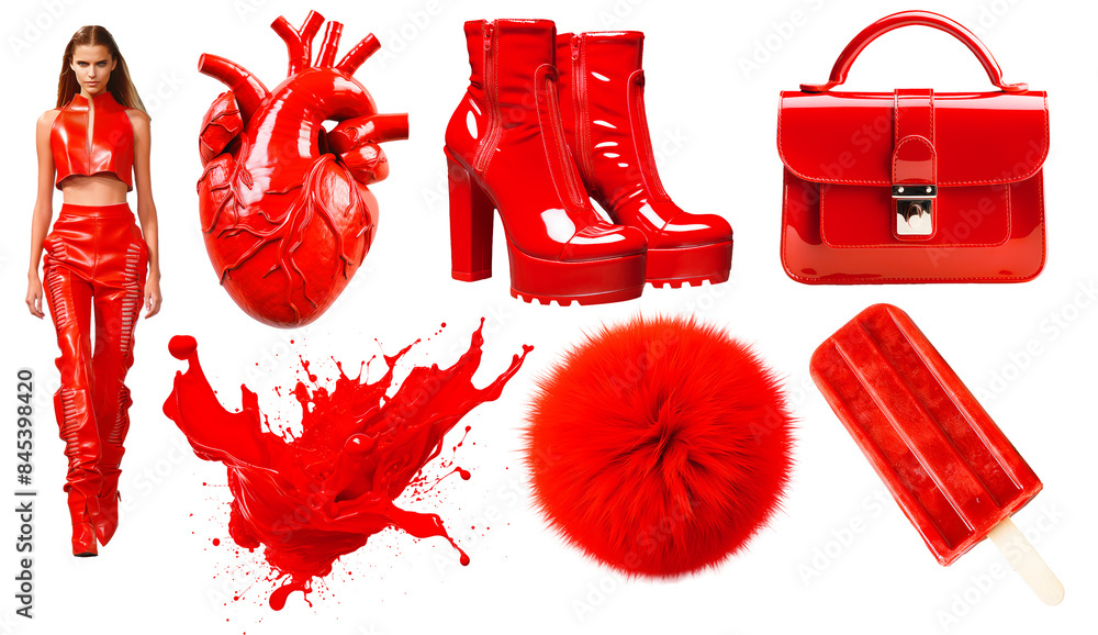 Set of red fashion outfit models and objects on png background. Ideal ...
