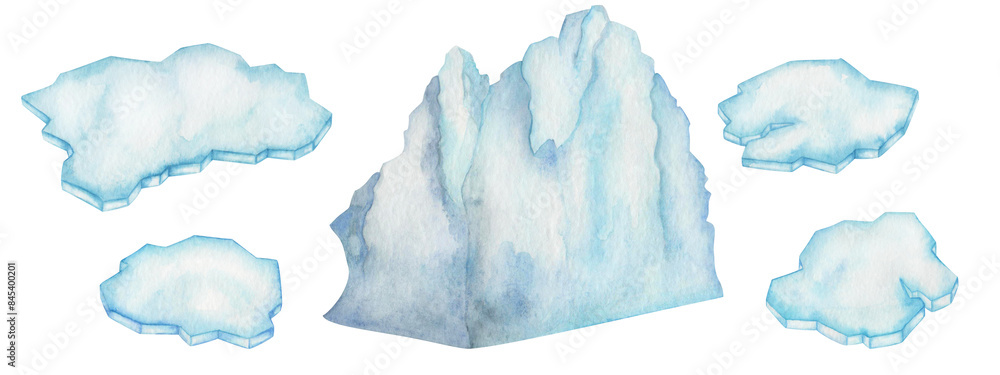 Watercolor set of illustrations. Hand painted ice floe, iceberg. Blue ...