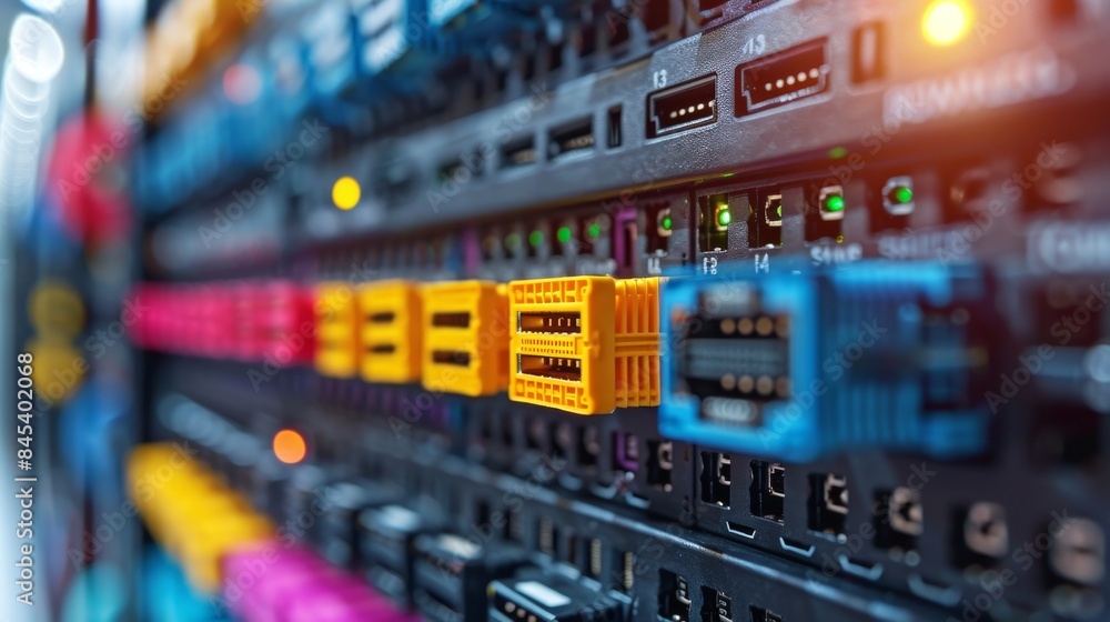 Colorful network cables are shown connected to a server rack with sharp ...