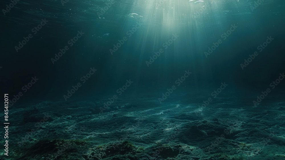 Surreal underwater scene of a dark ocean floor illuminated by sunlight ...