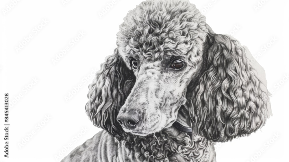 Poodle dog, detailed coloured pencil drawing, full head portrait, white ...