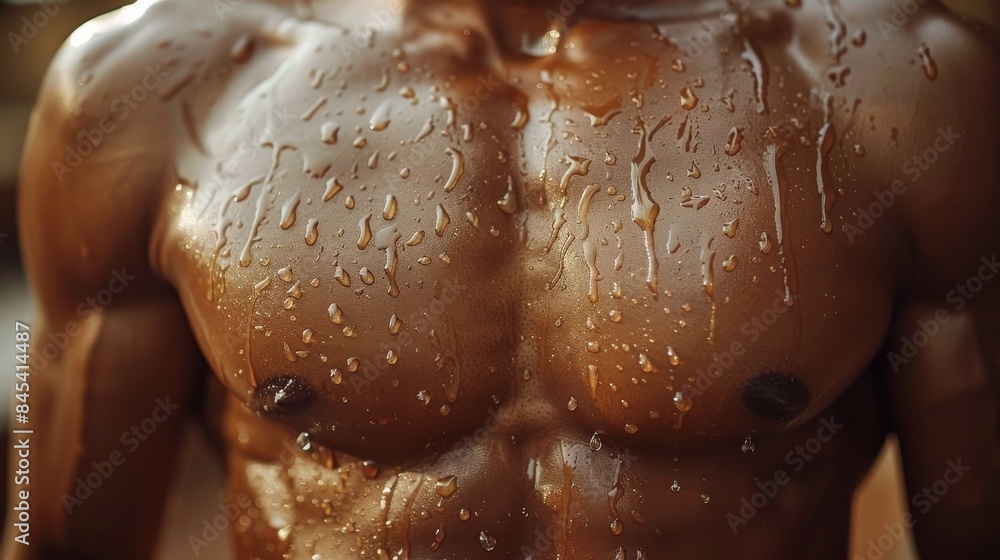 A close-up shot capturing the details of sweat droplets on a toned ...