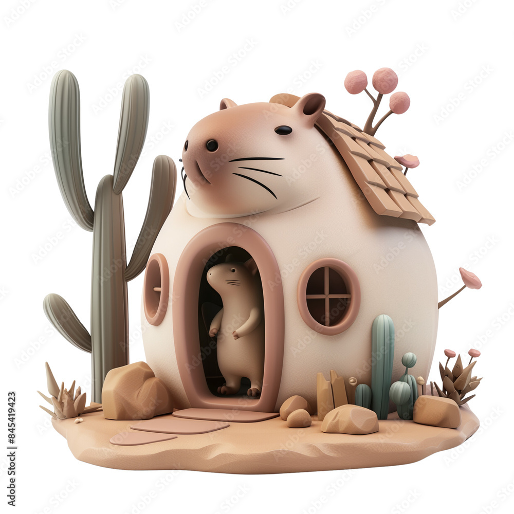 Cute hamster-shaped house with a hamster inside, surrounded by cacti ...