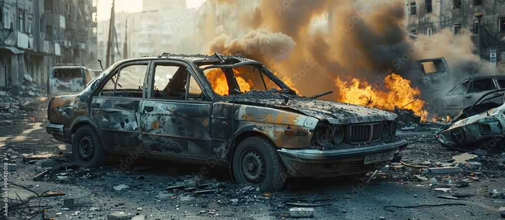 2022 Russian invasion of Ukraine war torn city destroyed car burn out ...