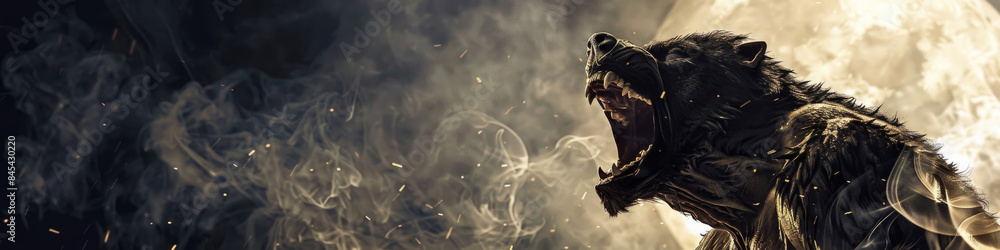 A werewolf howls at the full moon, its teeth bared in a ferocious snarl ...