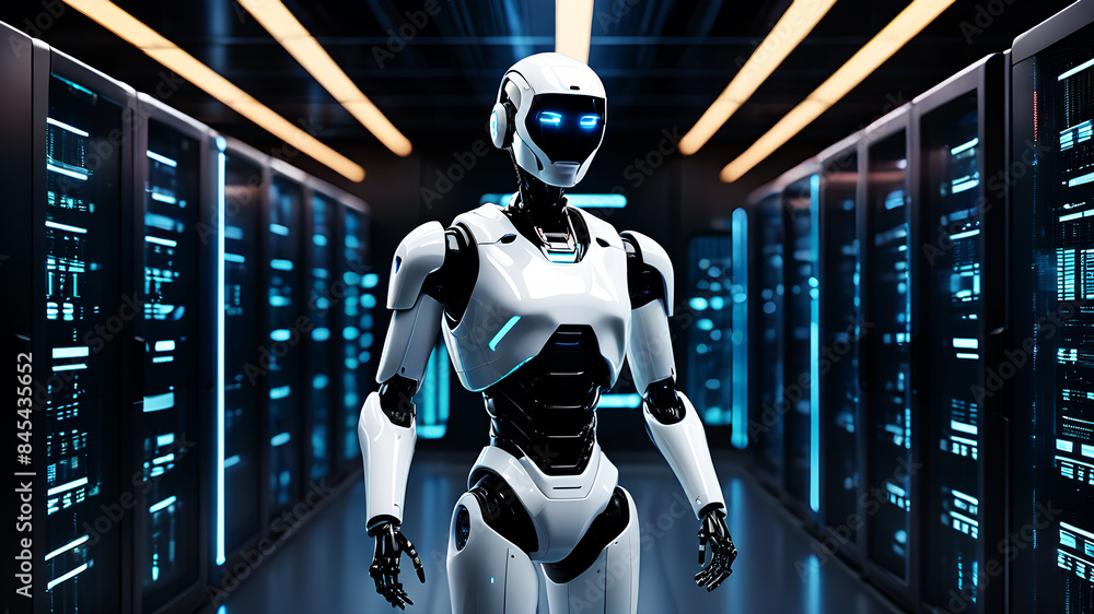 A futuristic data center managed by AI robots. The robots, sleek and humanoid in design, move ...