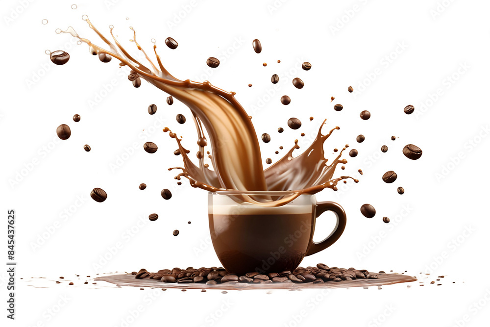 Milk Brown coffee liquid swirl splash and little bubbles with falling ...