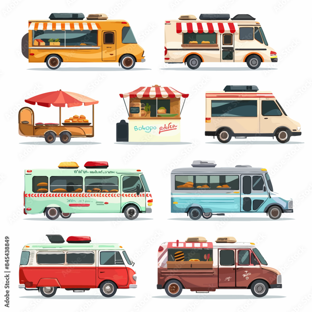 Food trucks isolated vector cars, cartoon vans for street food selling ...