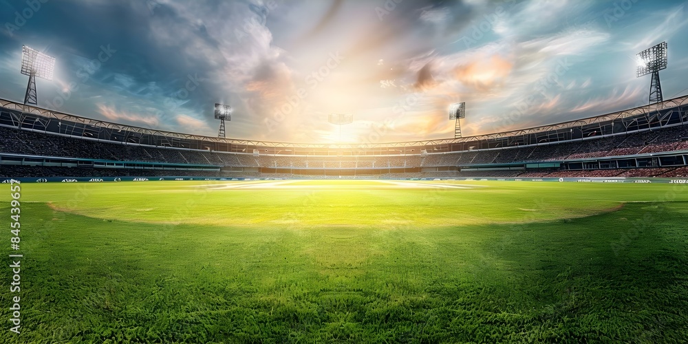 Highdefinition panoramic photo of cricket stadium in daylight and under ...