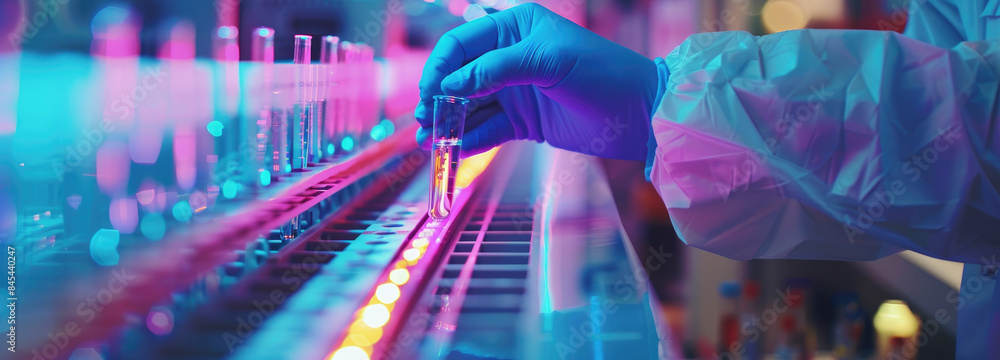 A close-up shot of hands in gloves, pouring colorful liquid from one ...