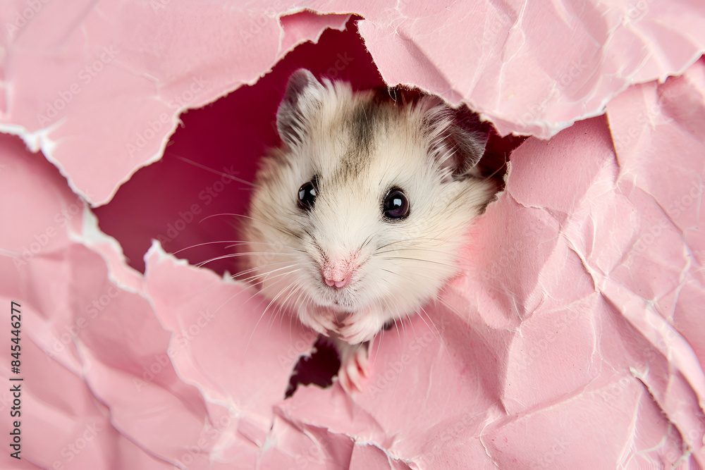 Dwarf fluffy hamster looks through pink torn paper clos up, Little ...