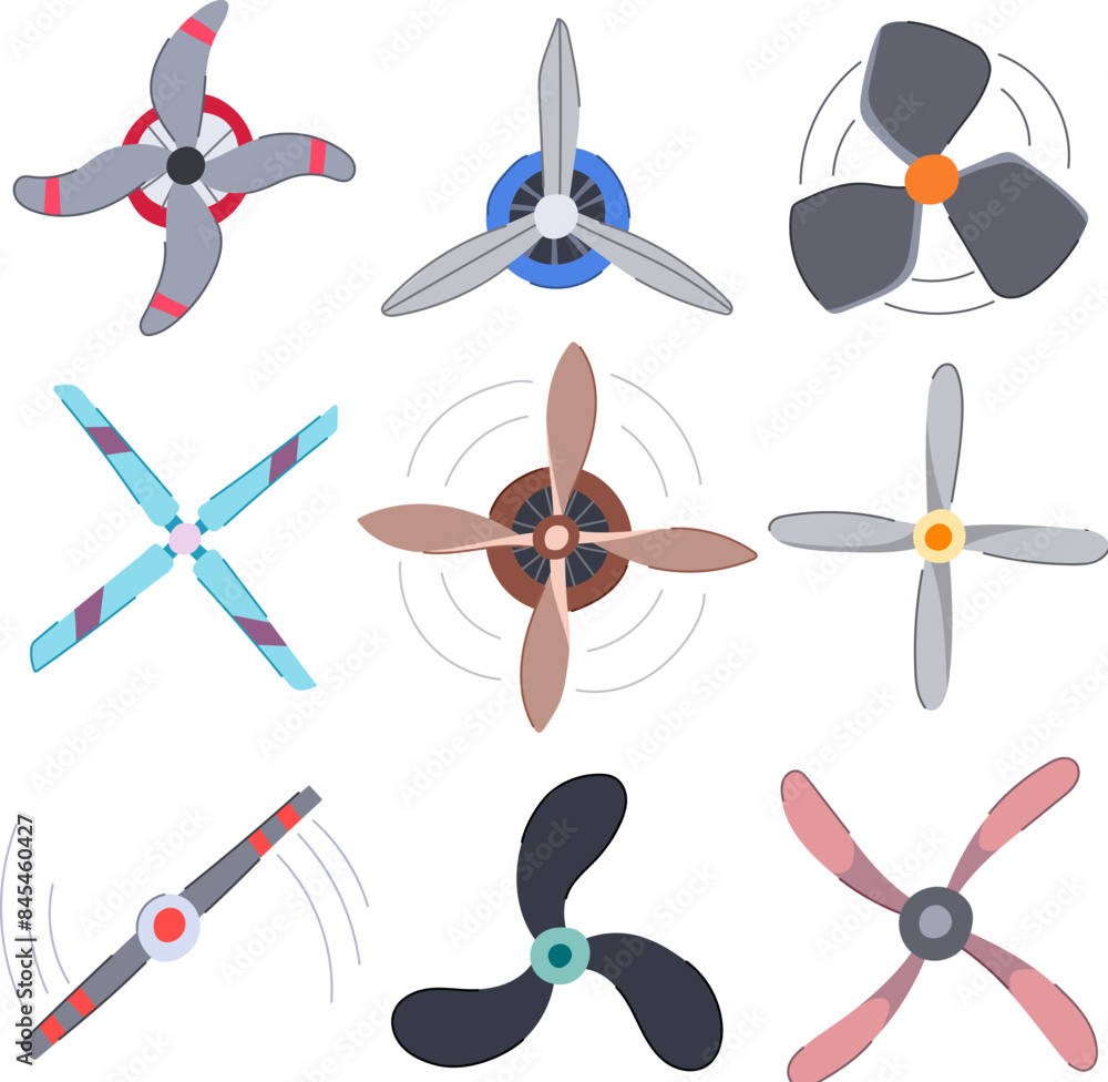 propeller set cartoon. airplane fan, aircraft blade, motor marine ...