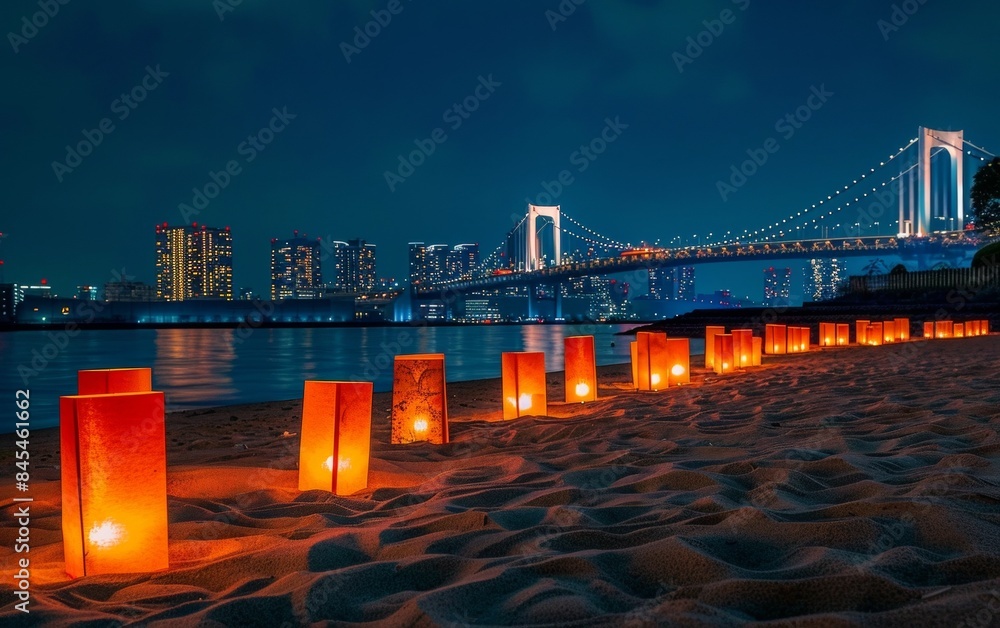 A dusk scene captures glowing candles on sandy beach leading the eye to ...
