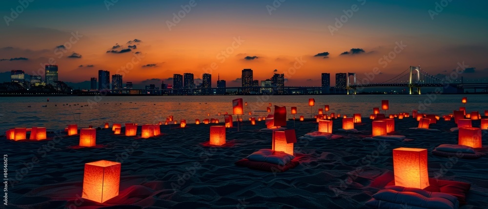 Paper lanterns illuminate a sandy beach against a backdrop of a sunset ...