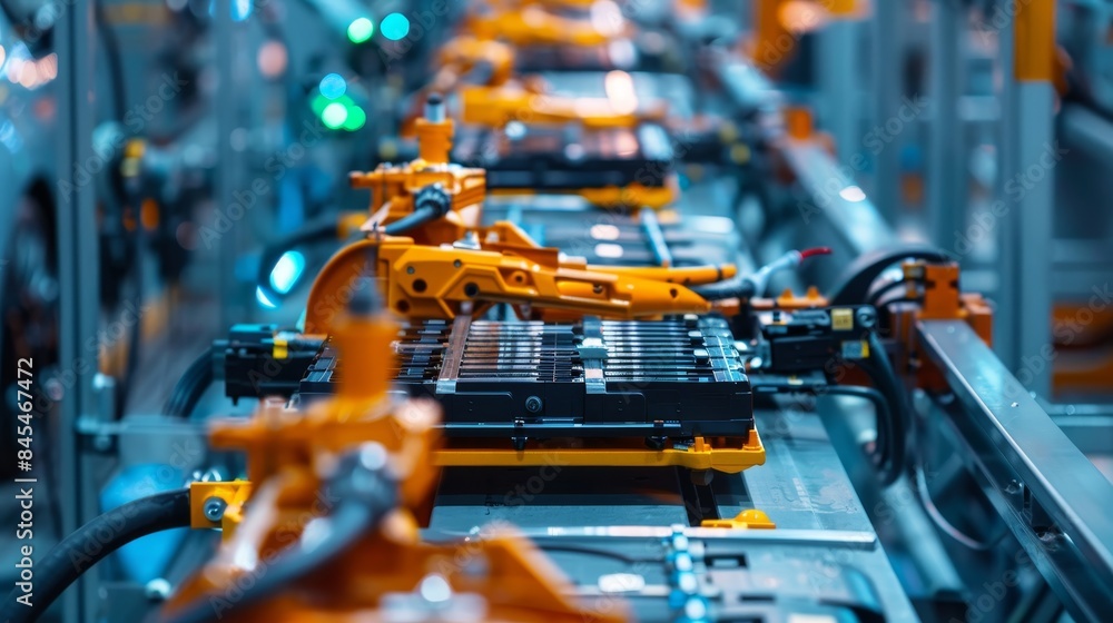 A close-up view of a mass production assembly line for electric vehicle ...