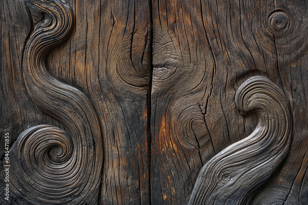 A detailed shot of a wooden door with interlocking grain vortices, the ...