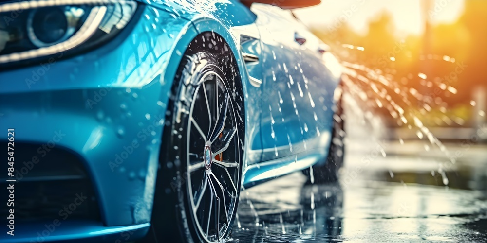 Blue sports car being rinsed with water hose in closeup view. Concept ...
