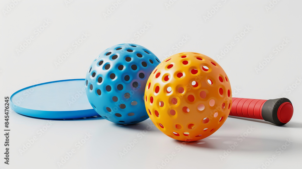 Pickleball equipment with paddles and holey balls on white background ...
