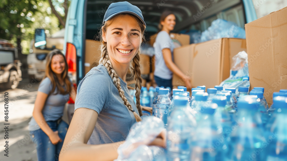 Smiling of volunteers packing water bottles into cardboard boxes ...