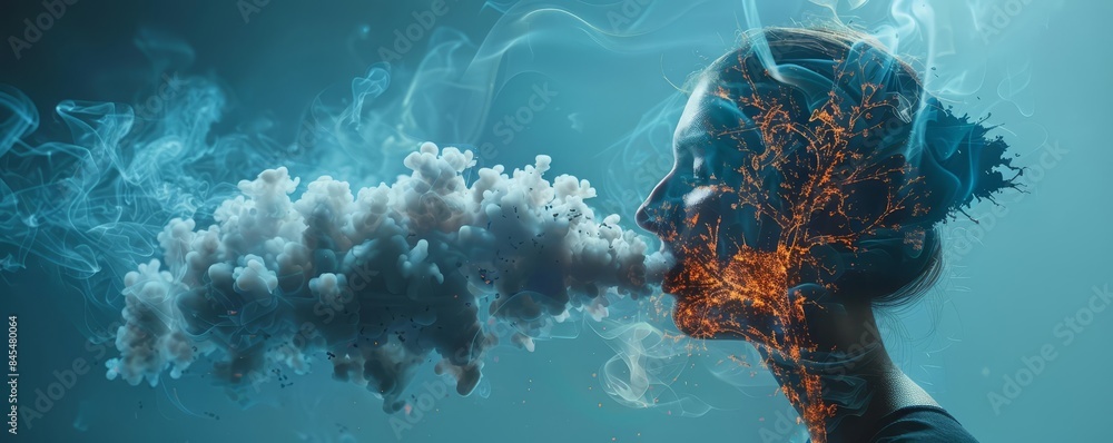 A visual of a person exhaling smoke that morphs into a cloud of ...