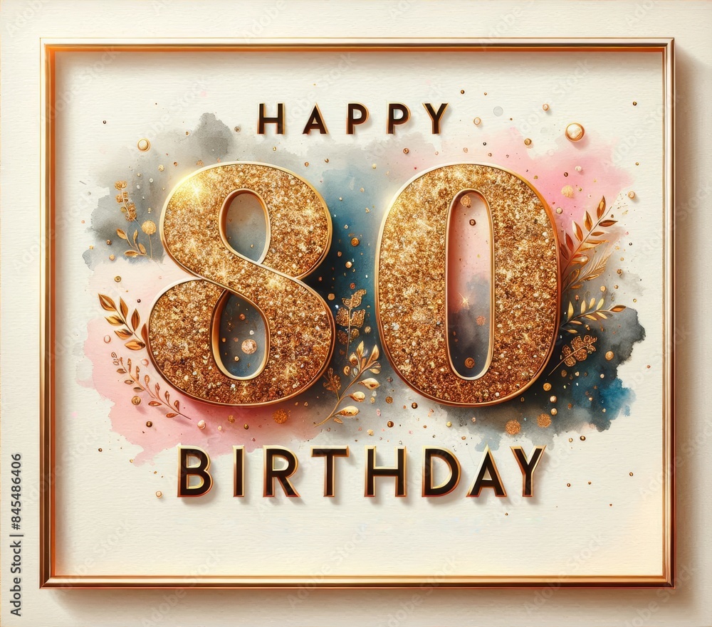 Elegant 'Happy 80th Birthday' greeting card with gold glitter numbers ...