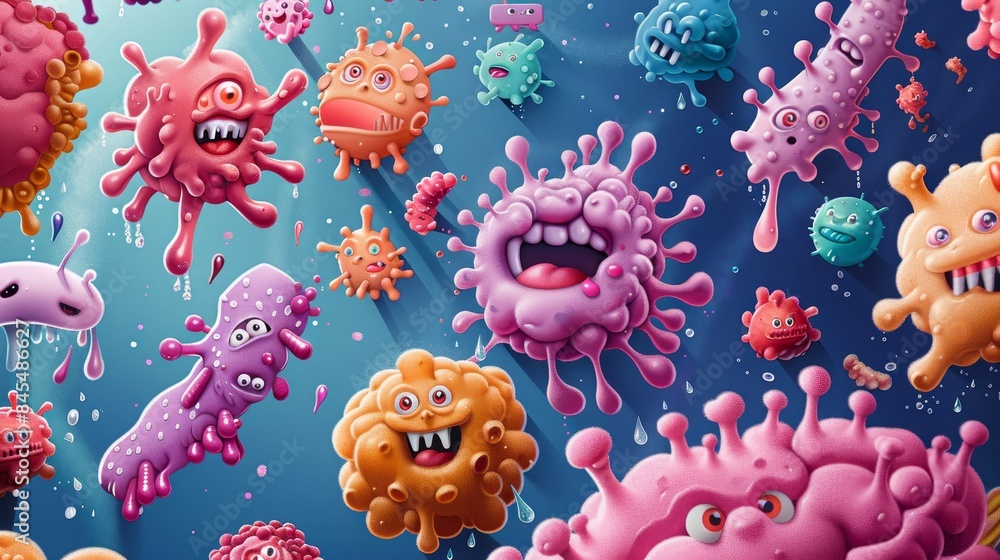 Funny cartoon germs with unique shapes and expressions in a dynamic ...