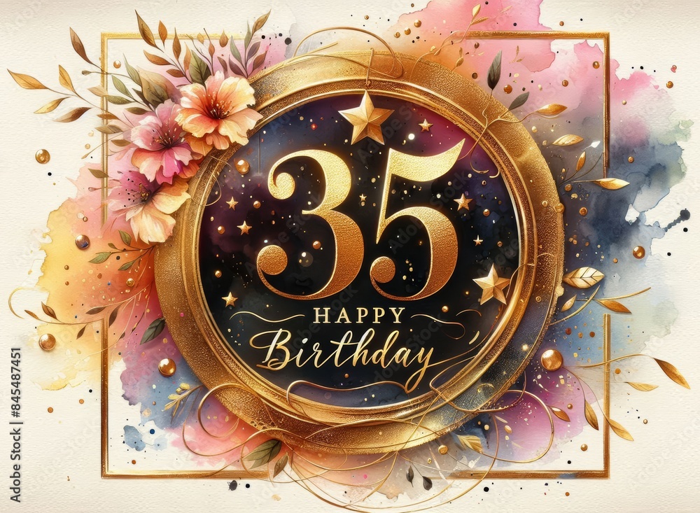 Elegant 35th birthday card with gold accents, floral elements, and ...