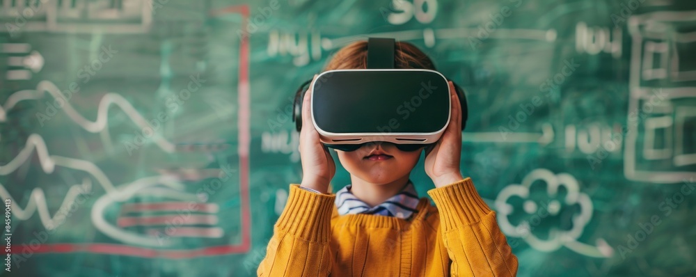 Schoolchild with virtual reality headset, back to school theme, modern ...