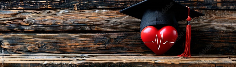 Heart and graduation cap with ECG line, wooden background, education ...