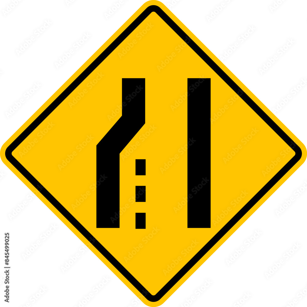 Road narrowing sign on left. Road narrows. There will be fewer lanes ...