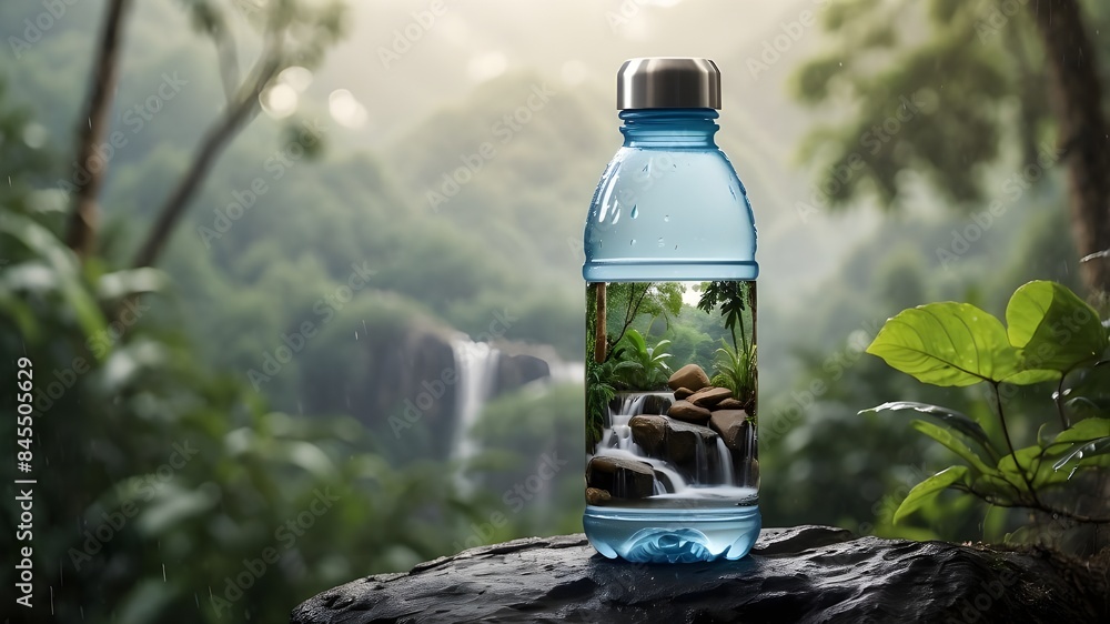 Generic plastic water bottle in the midst of a jungle scene on a fake ...